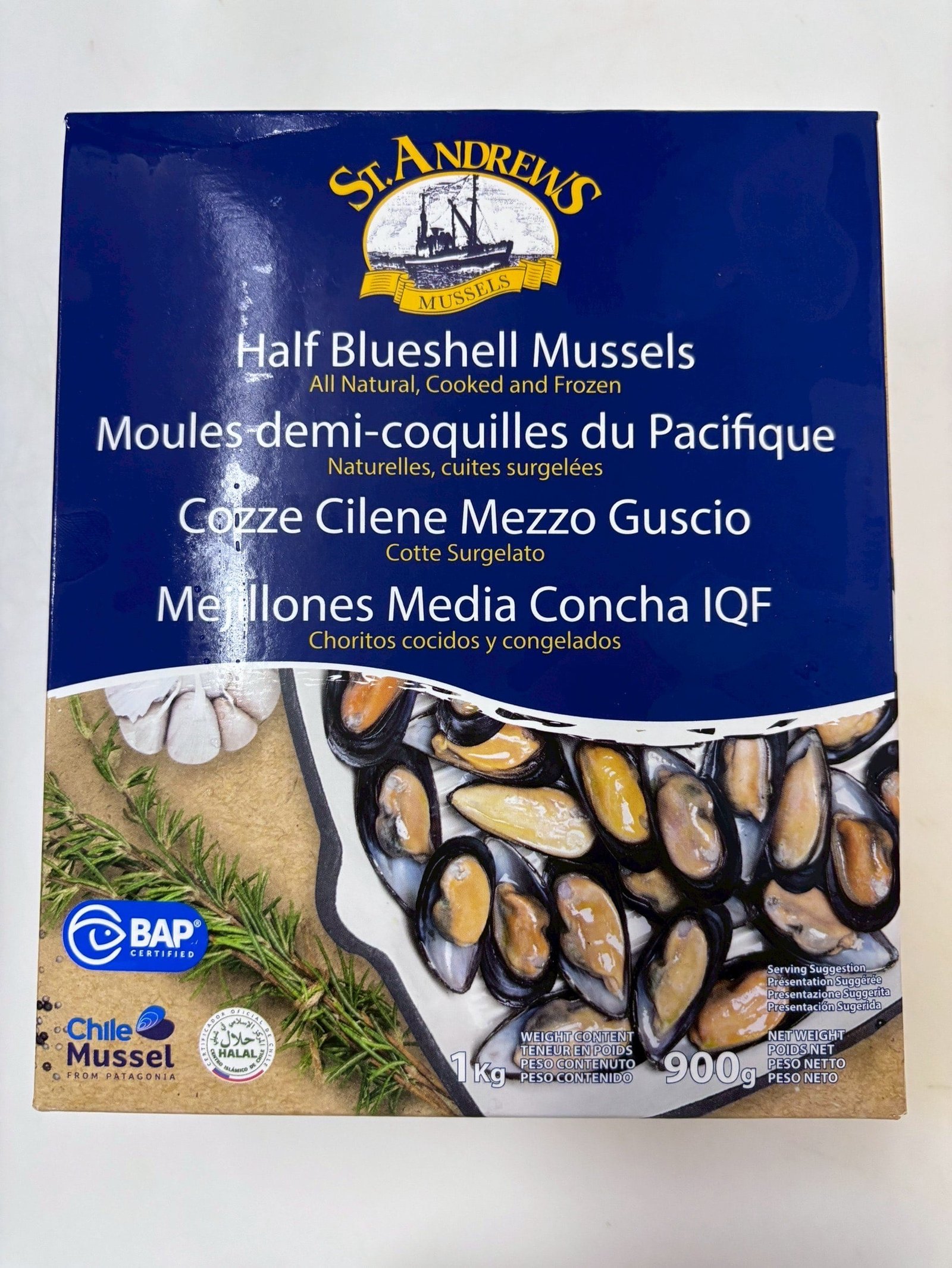 Half Shell Blue Mussels – All Natural, Cooked & Frozen (60–80 pcs, 1kg Pack) | Manston Foods